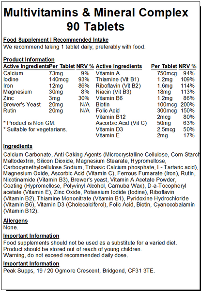 Multivitamin & Mineral Complex Tablets | Peak Supps™ | Vitamins